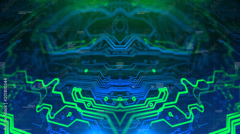 Mirrored pattern. Blue, green, cyan background with digital integrated ...