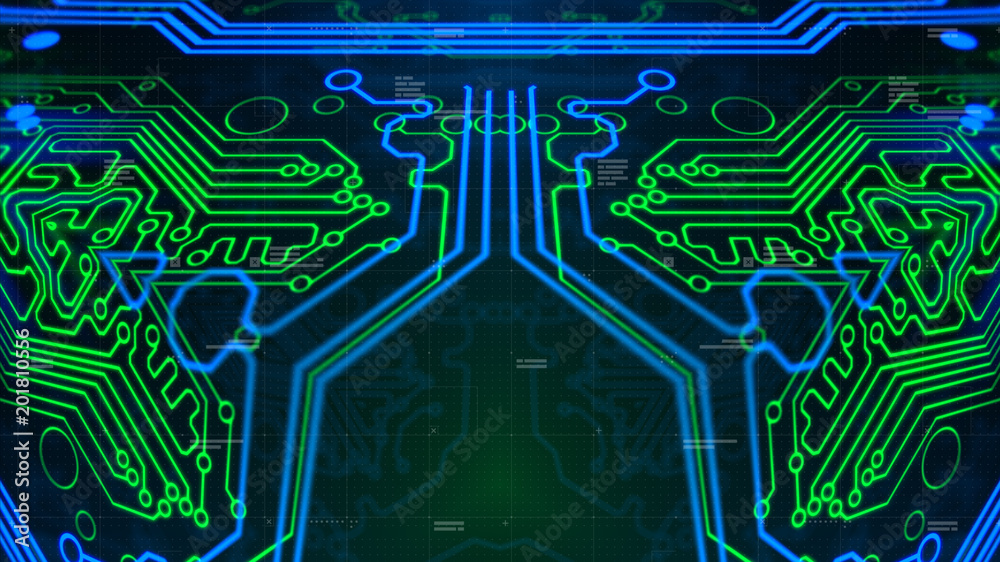 Mirrored pattern. Blue, green, cyan background with digital integrated ...