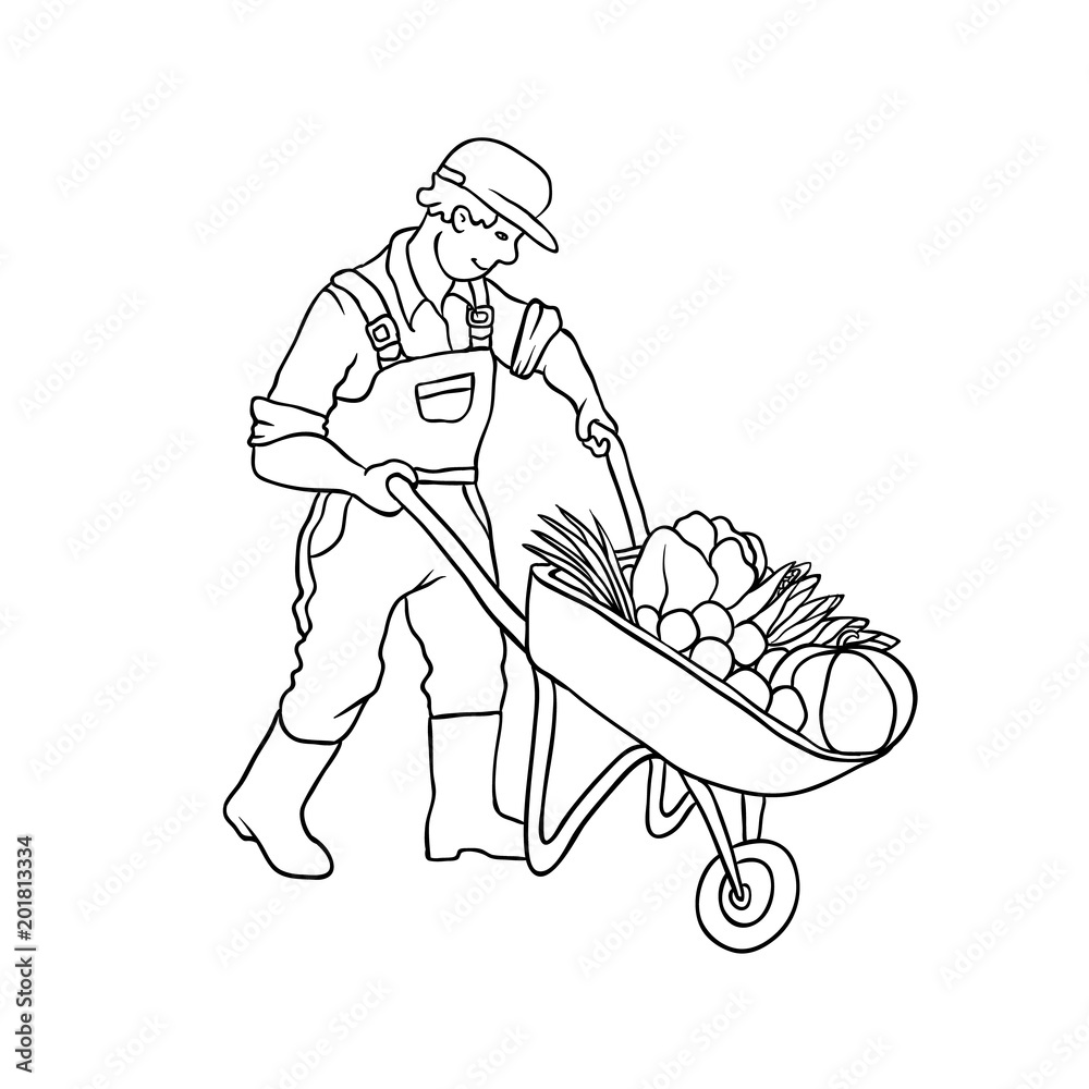Vector sketch farmer man with cart vegetables. Autumn gardening harvest ...