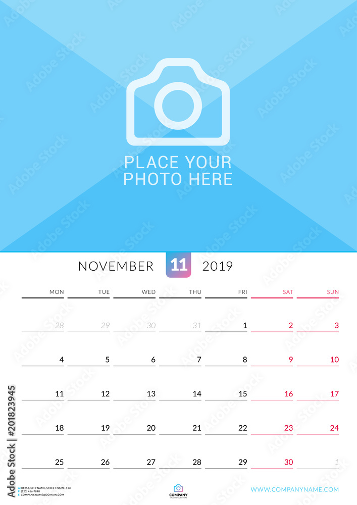 Wall calendar for November 2019. Vector design print template with ...
