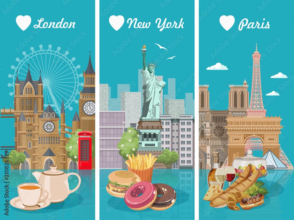 Set of vector illustrations with French, American, English cuisine ...