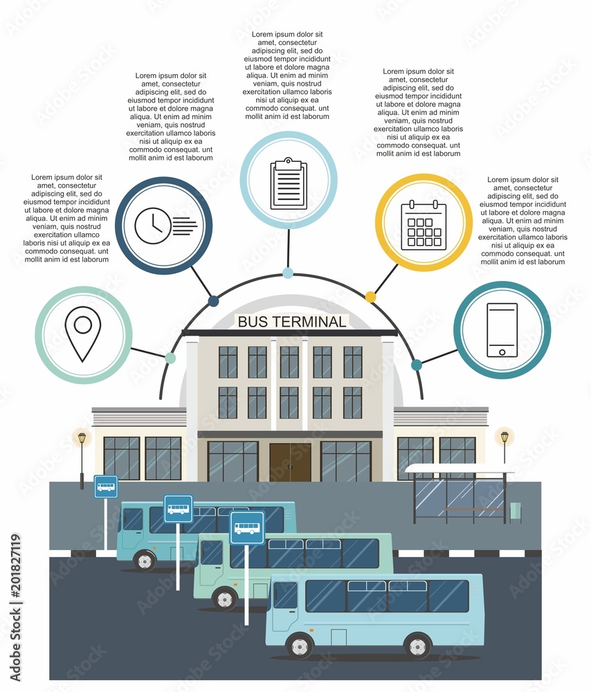 Buses at the bus terminal station. Transportation infographics. Flat ...