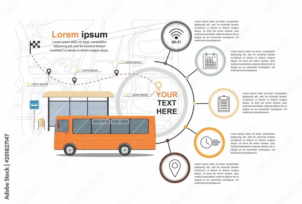 Orange Bus at the bus stop on background of city map, Transport ...