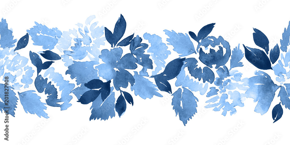 Seamless watercolor floral border pattern. Dahlia flowers painting in ...