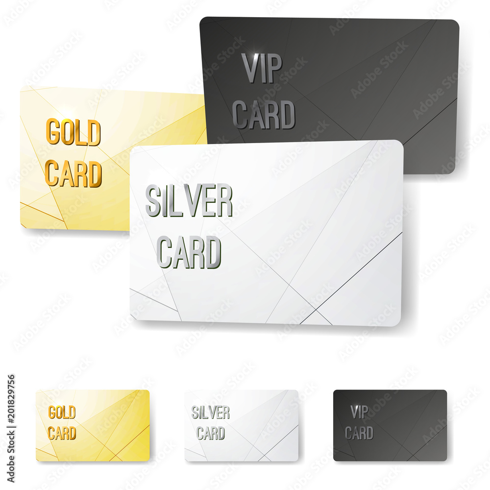 Gold silver platinum VIP membership cards collection with crystal line ...