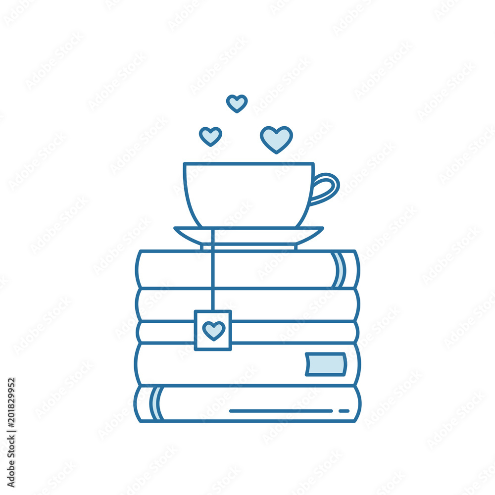 Pile of books and coffee or tea cup with heart symbols. I love reading ...