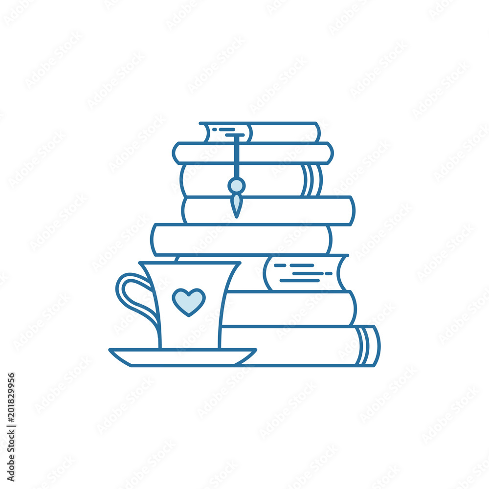 Pile of books and coffee or tea cup with heart symbols. I love reading ...