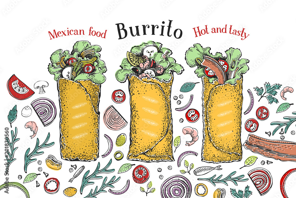 Burrito set. Mexican food. Traditional mexican cuisine. Banner template ...