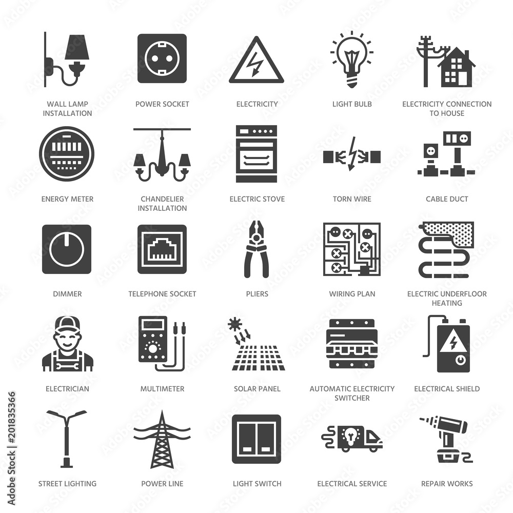 Electricity engineering vector flat glyph icons. Electrical equipment ...