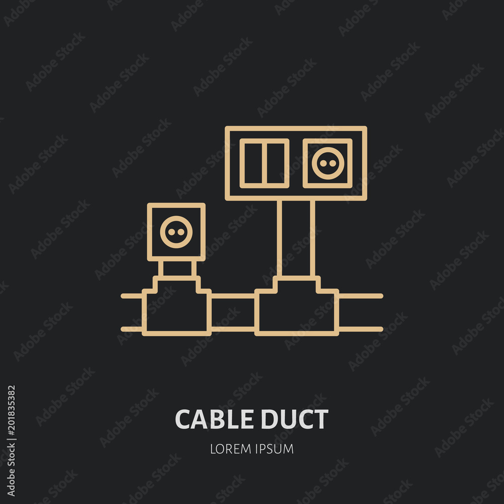 Cable duct with power socket and light switch flat line icon. Wiring ...