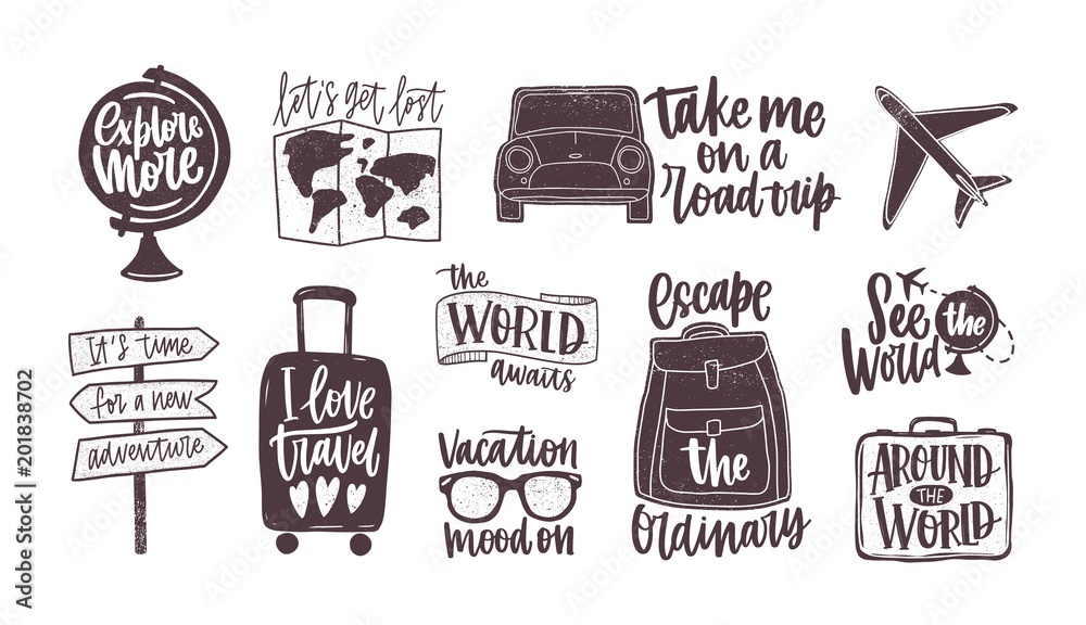 Bundle of handwritten motivational slogans decorated with tourism ...