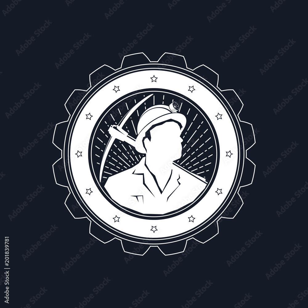 Miner in the Helmet with a Flashlight is Holding Pickaxe on Black ...