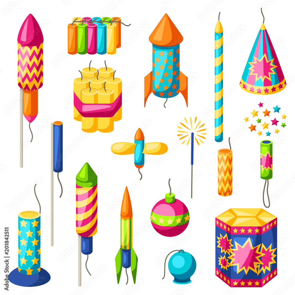 Set of colorful fireworks. Different types of pyrotechnics, salutes and ...