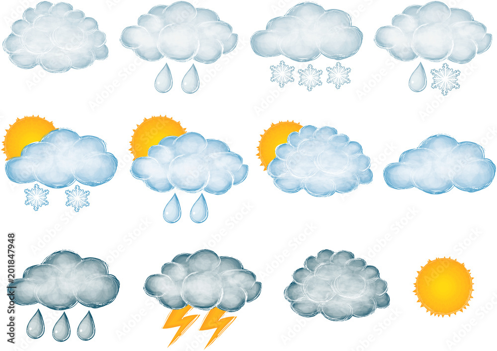 a set of weather icons, various clouds with rain, snow, lightning and ...
