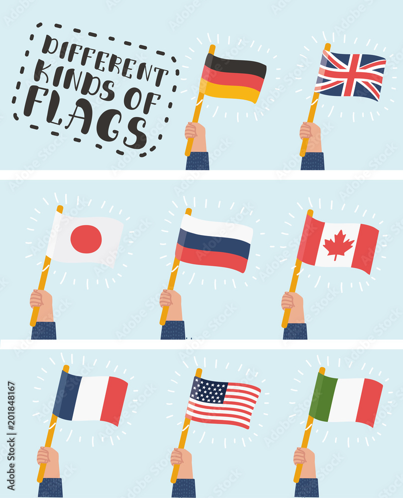 Flag in hand round icons set. Human hands holding flags of different ...