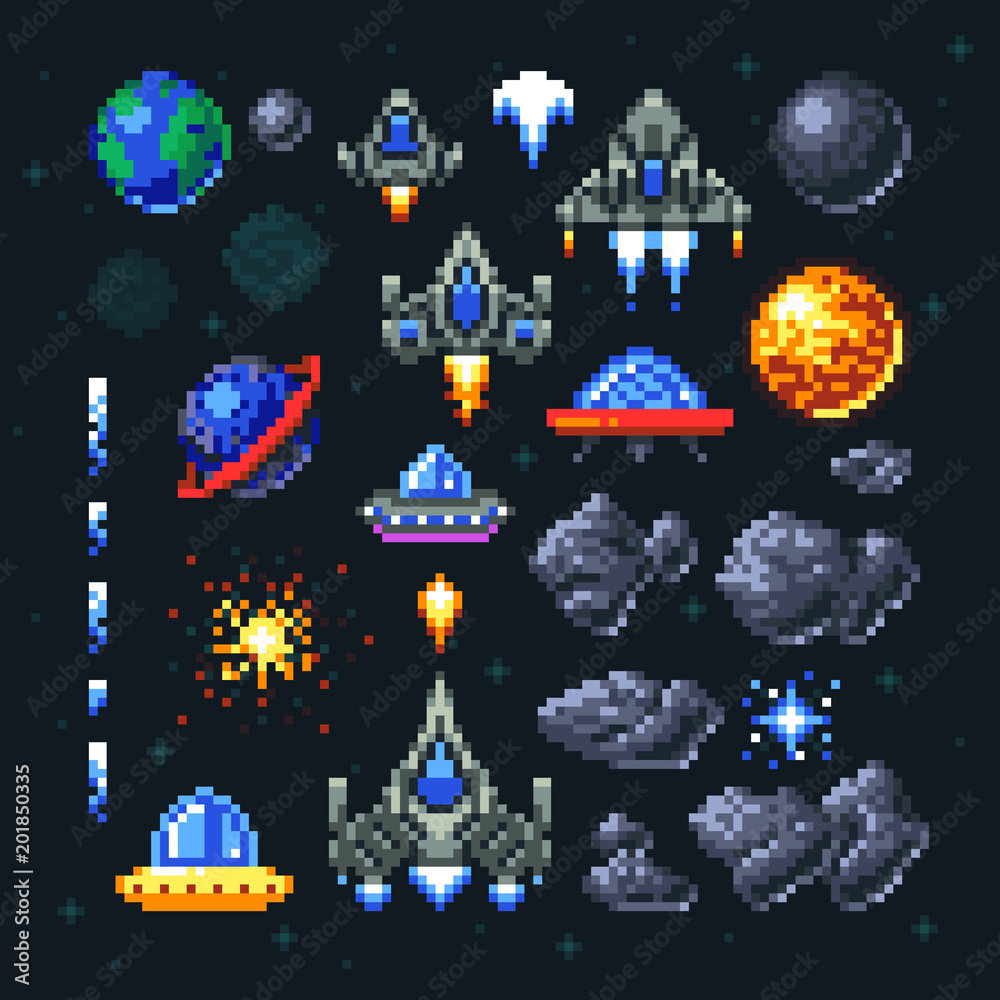 Retro space arcade game pixel elements. Invaders, spaceships, planets ...