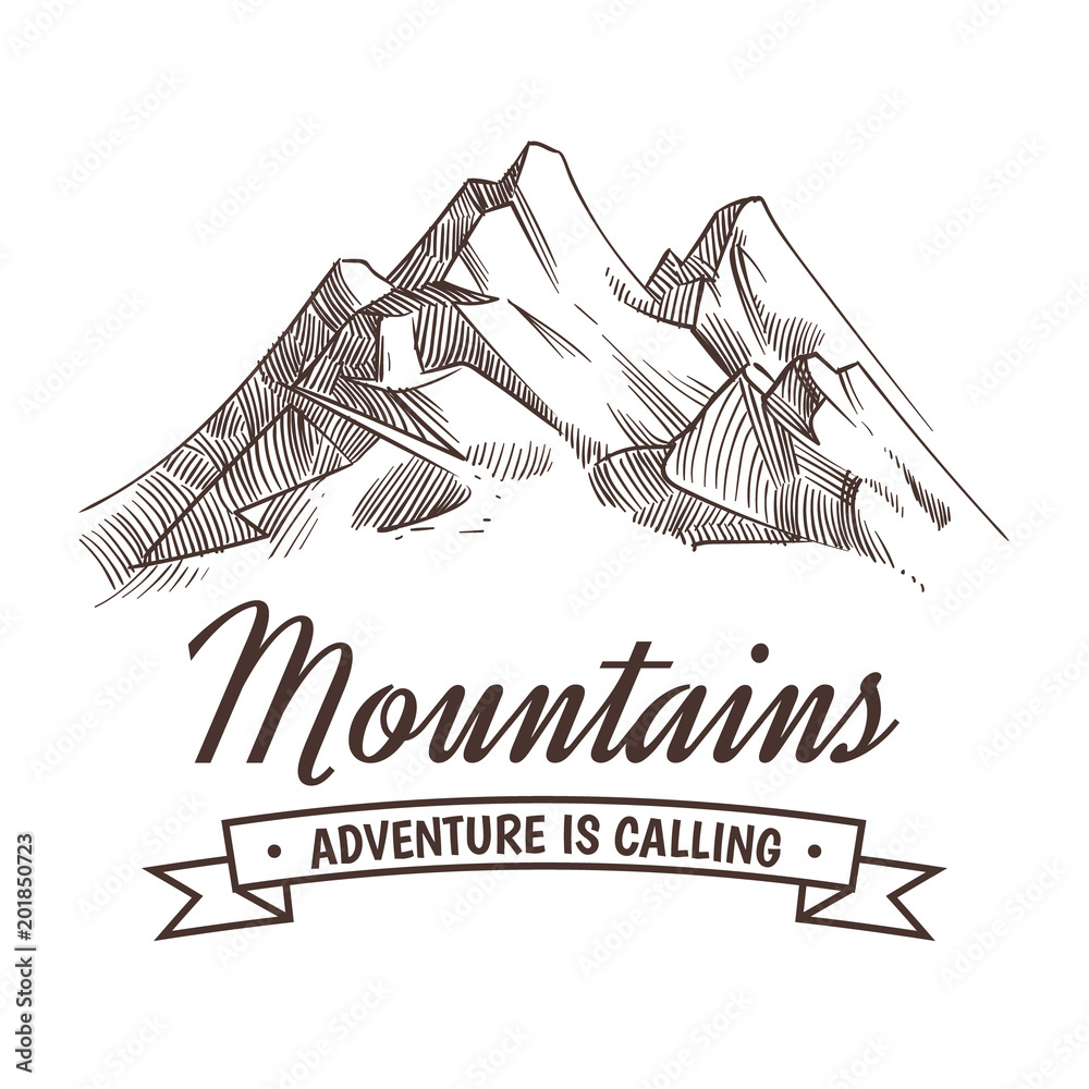 Hand drawing high mountain peak and forest vintage adventure vector ...
