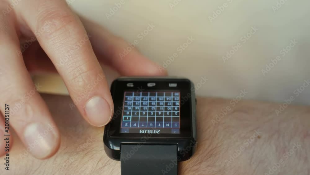 Man Using Calendar App Smart Watch to Check Schedule. Close up ...