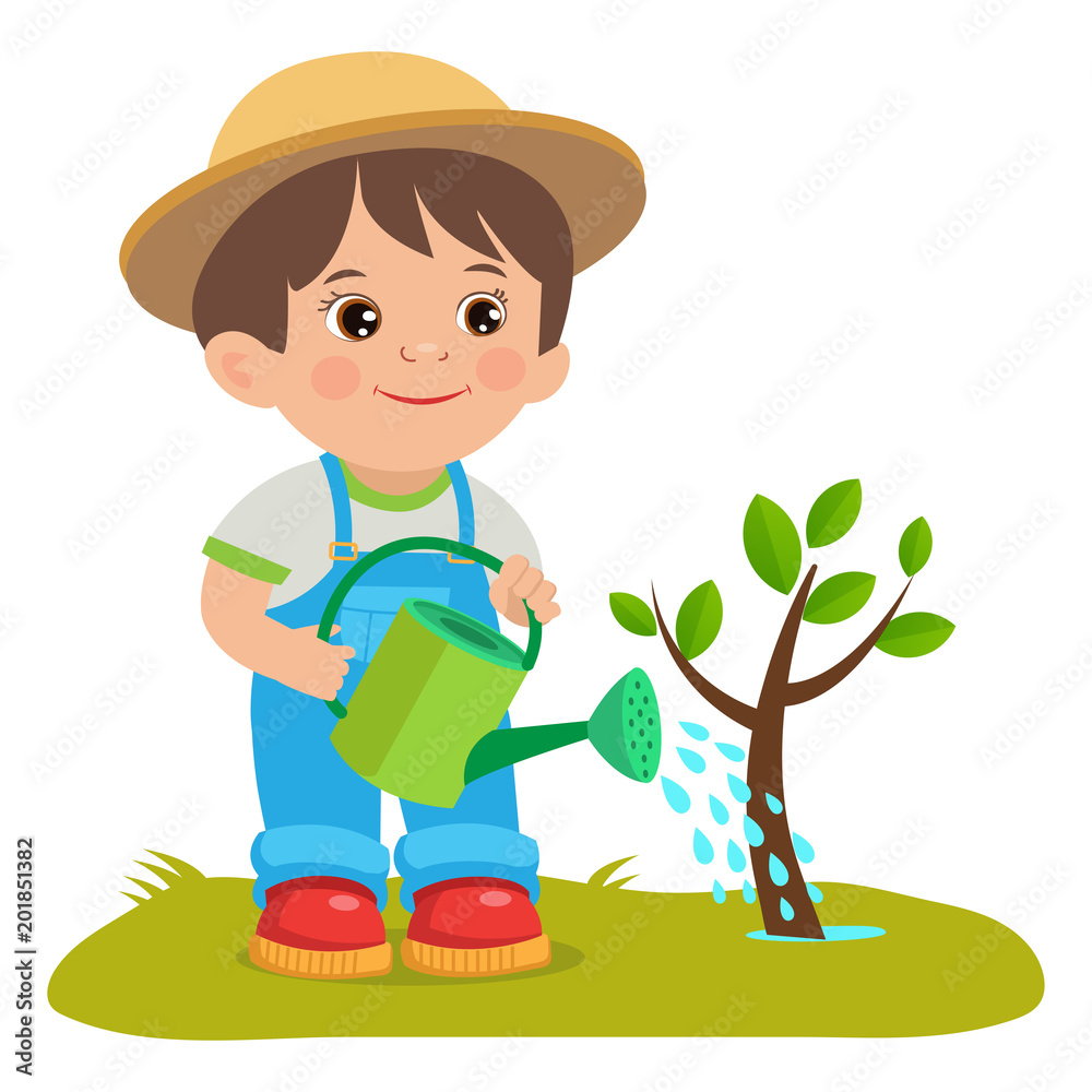 Growing Young Gardener. Cute Cartoon Boy With Watering Can. Young ...