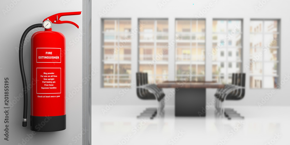 Fire extinguisher on office wall, blur meeting room background. 3d ...