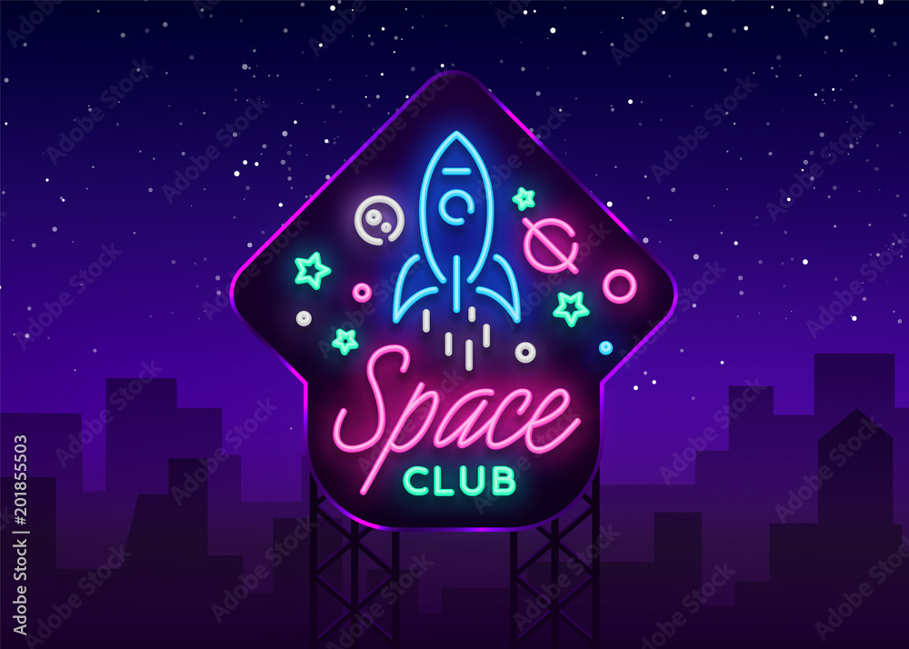 Space nightclub logo in neon style. Neon Sign, Light Banner, Night ...