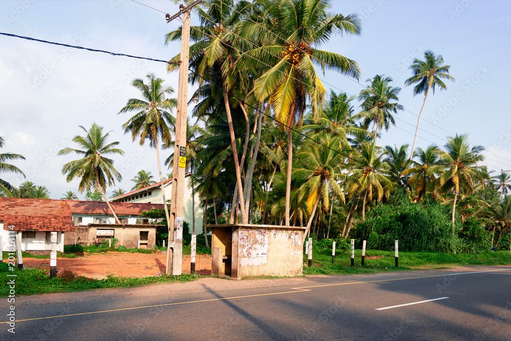 Old bus stop station at Hikkaduwa, Sri-Lanka. Green palms and beautyful ...