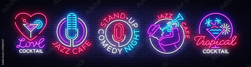 Nightlife collection neon signs. Design Template, Set Logos in Neon ...