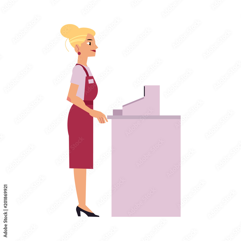 Supermarket female cashier in uniform and apron stands behind cash desk ...