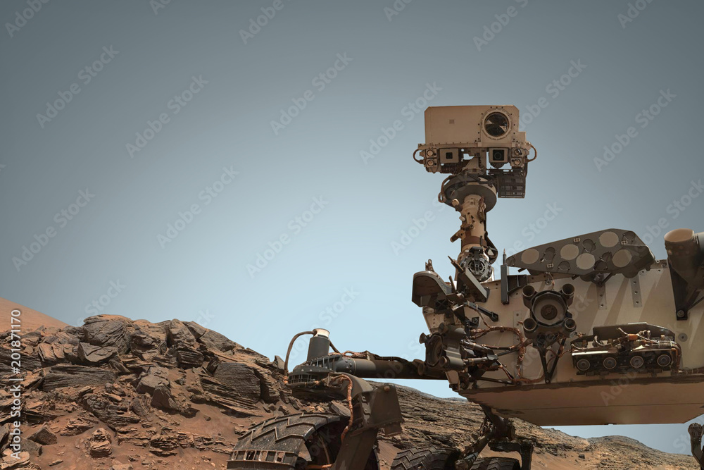 Curiosity Mars Rover exploring the surface of red planet. Elements of ...