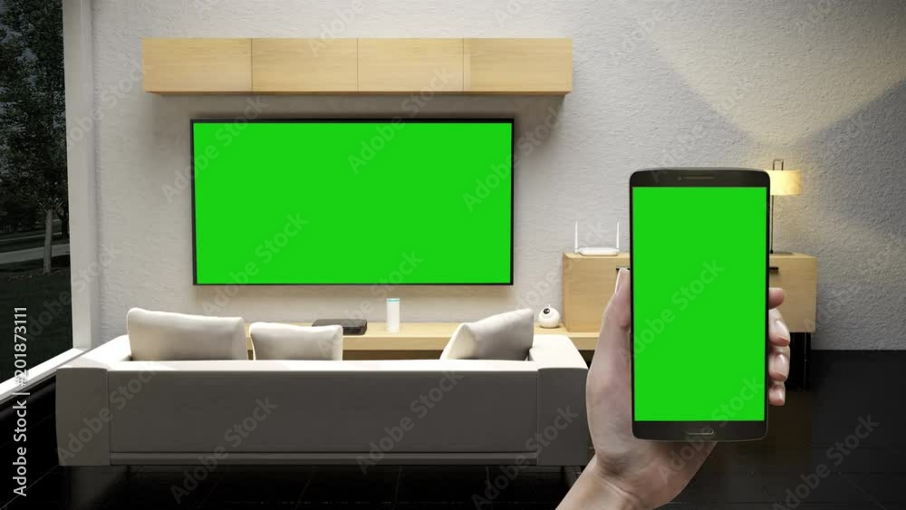 Green screen, Touching IoT smart phone, mobile control in Living room ...