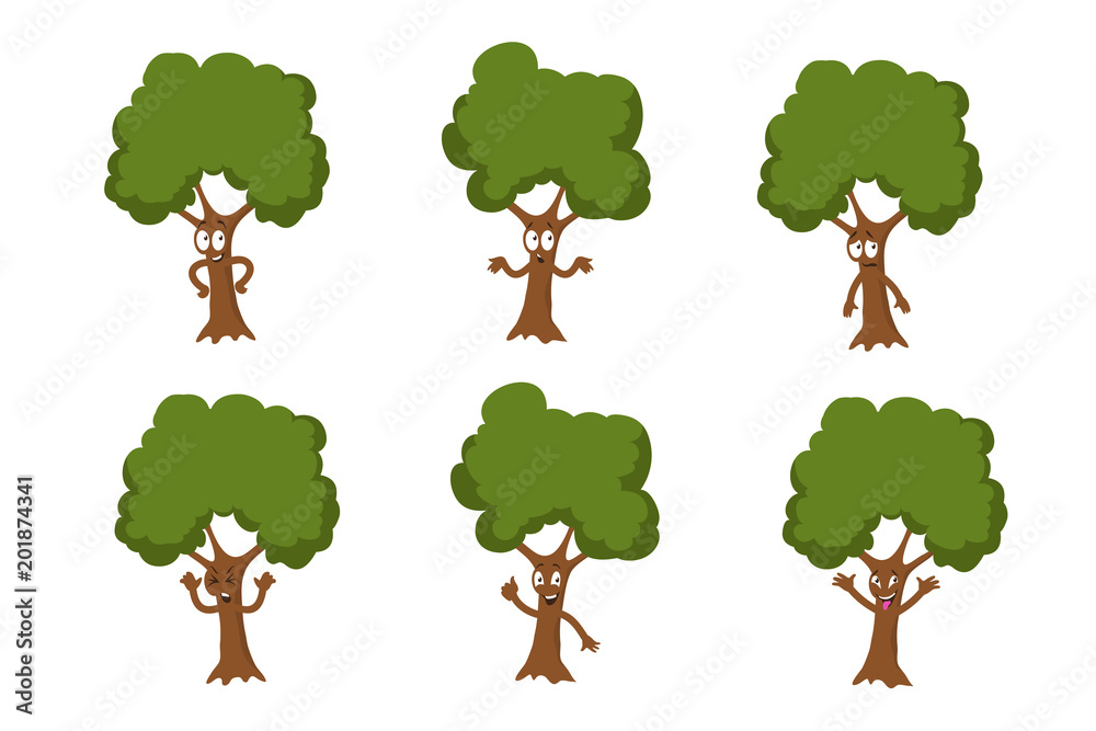 Cartoon funny green tree vector characters isolated Stock Vector ...