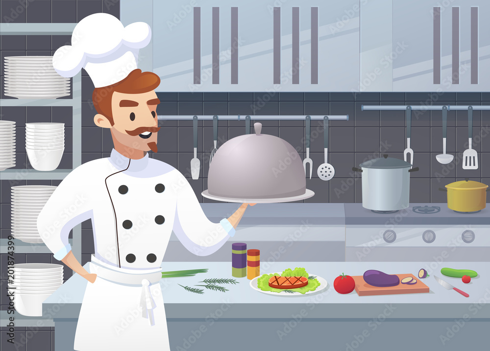 Commercial Kitchen with Cartoon Characters Chef Stock Vector | Adobe Stock