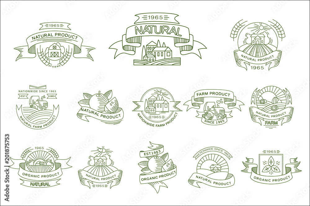 Vector set of linear labels for natural farm products. Organic and ...