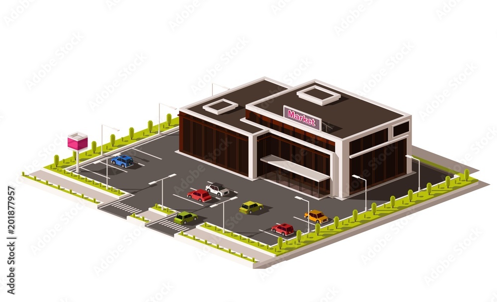 Vector non isometric low poly supermarket. Grocery store building Stock ...