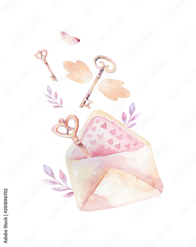 Isolated cute watercolor unicorn keys clipart with flowers. Nursery ...