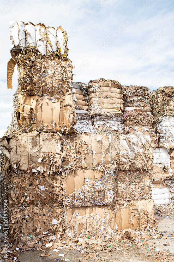 Pile of pressed waste paper bales in the yard. Waste paper recycling ...