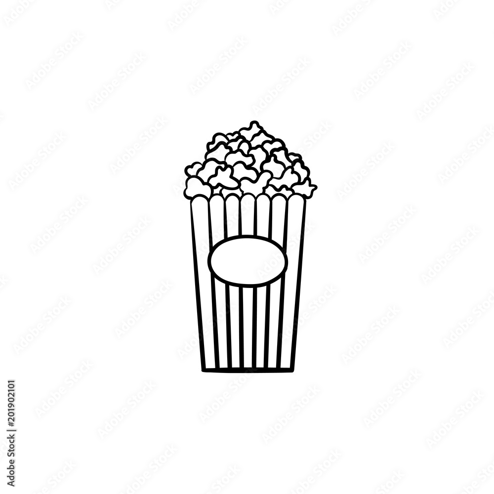 Popcorn hand drawn outline doodle icon. Striped cardboard bucket full ...