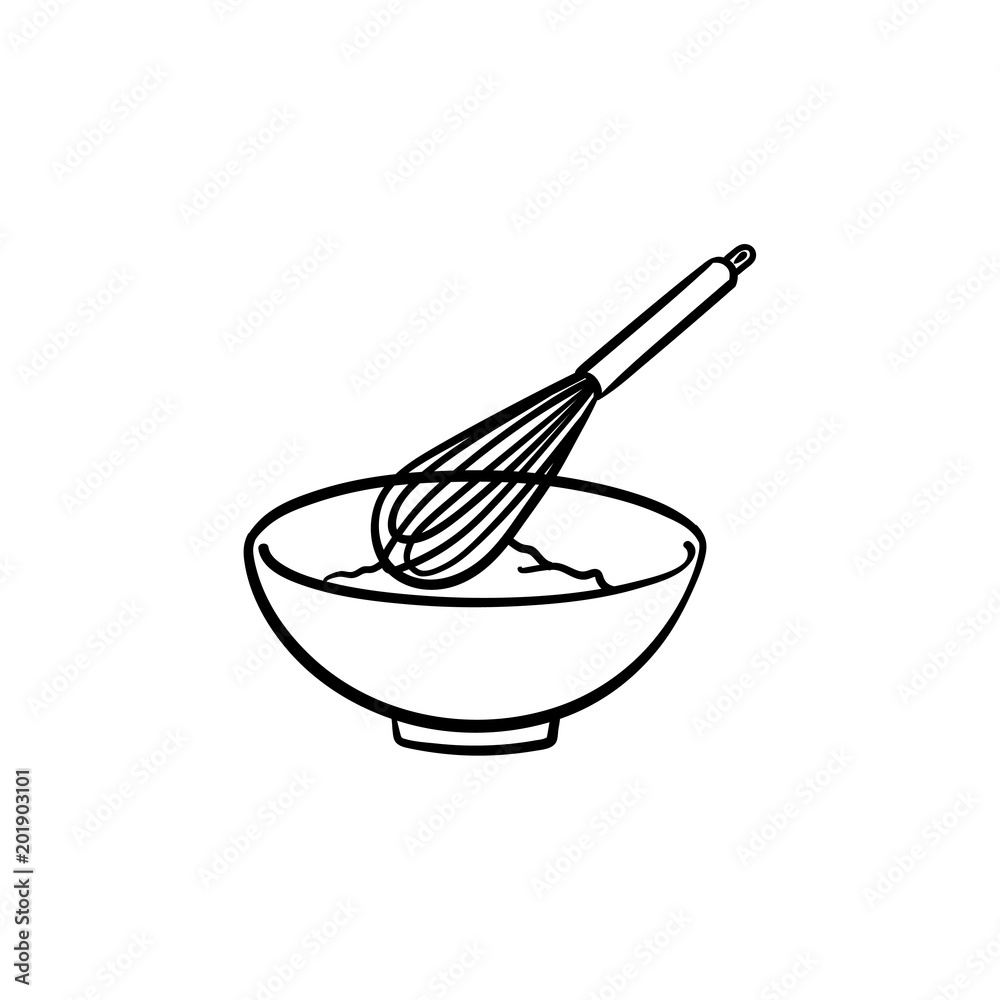 Mixing bowl with a wire whisk hand drawn outline doodle icon. Kitchen ...