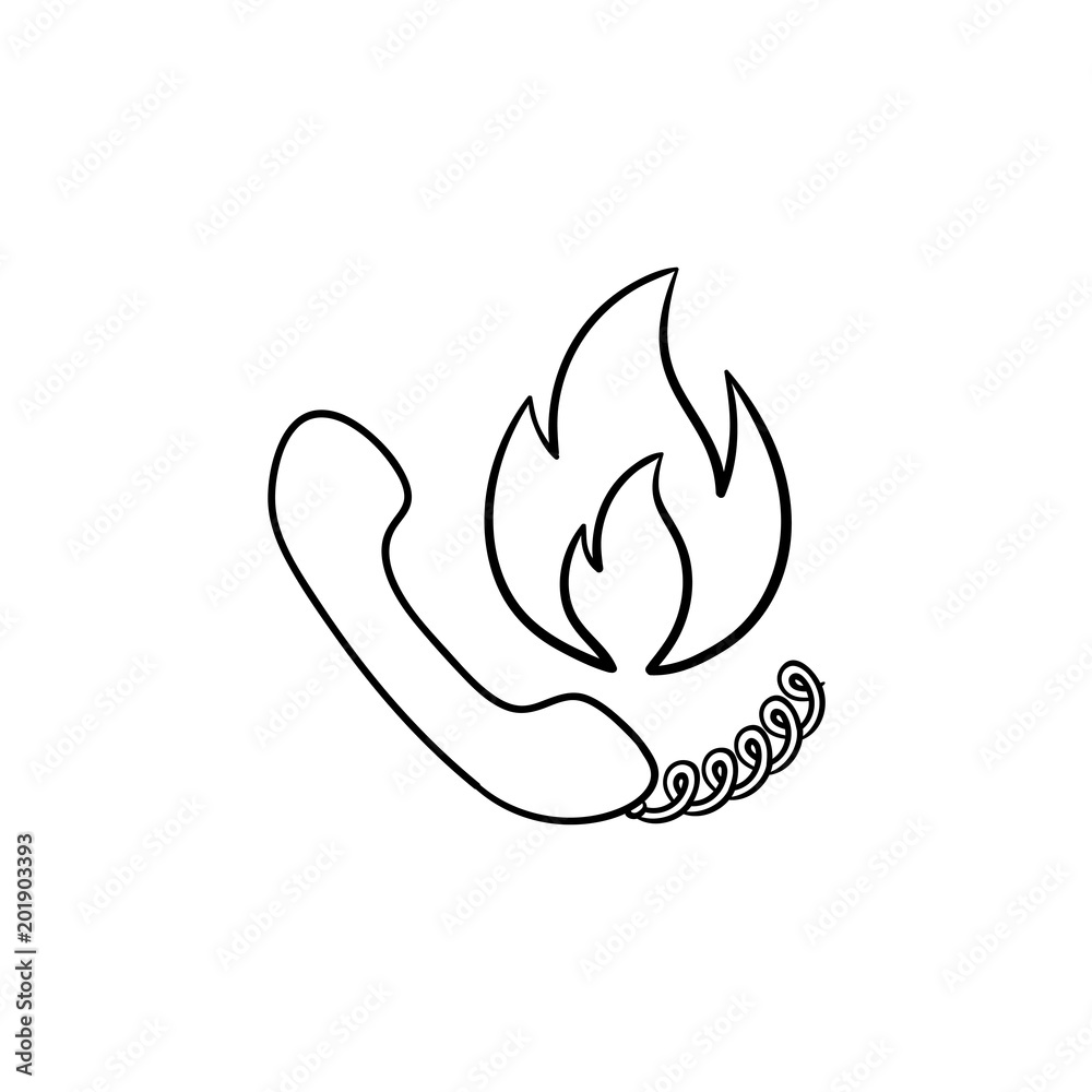 Telephone handset and fire hand drawn outline doodle icon. Hotline ...
