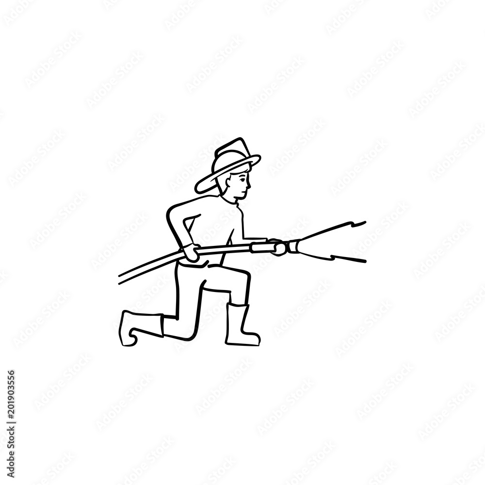 Vetor de Emergency fireman spray water through a hose to a fire hand ...