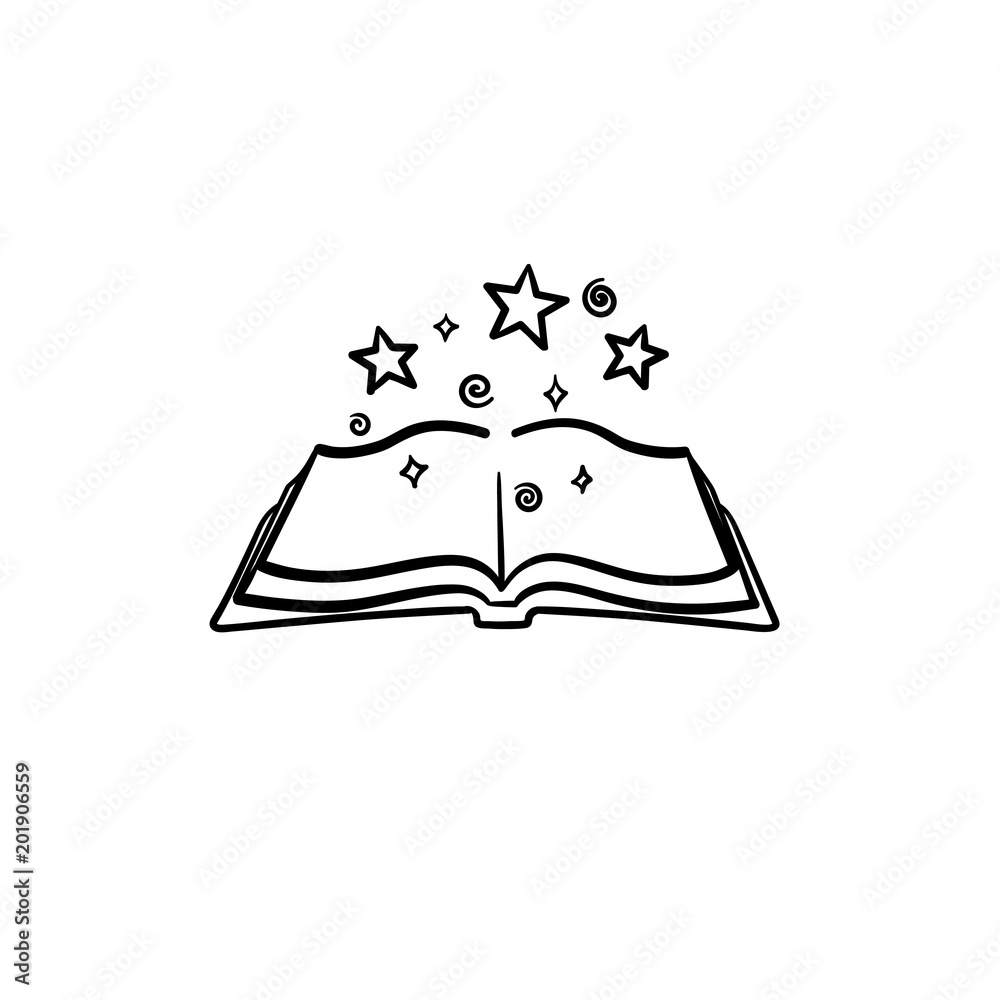 Open magic book with stars hand drawn outline doodle icon. Magic book ...