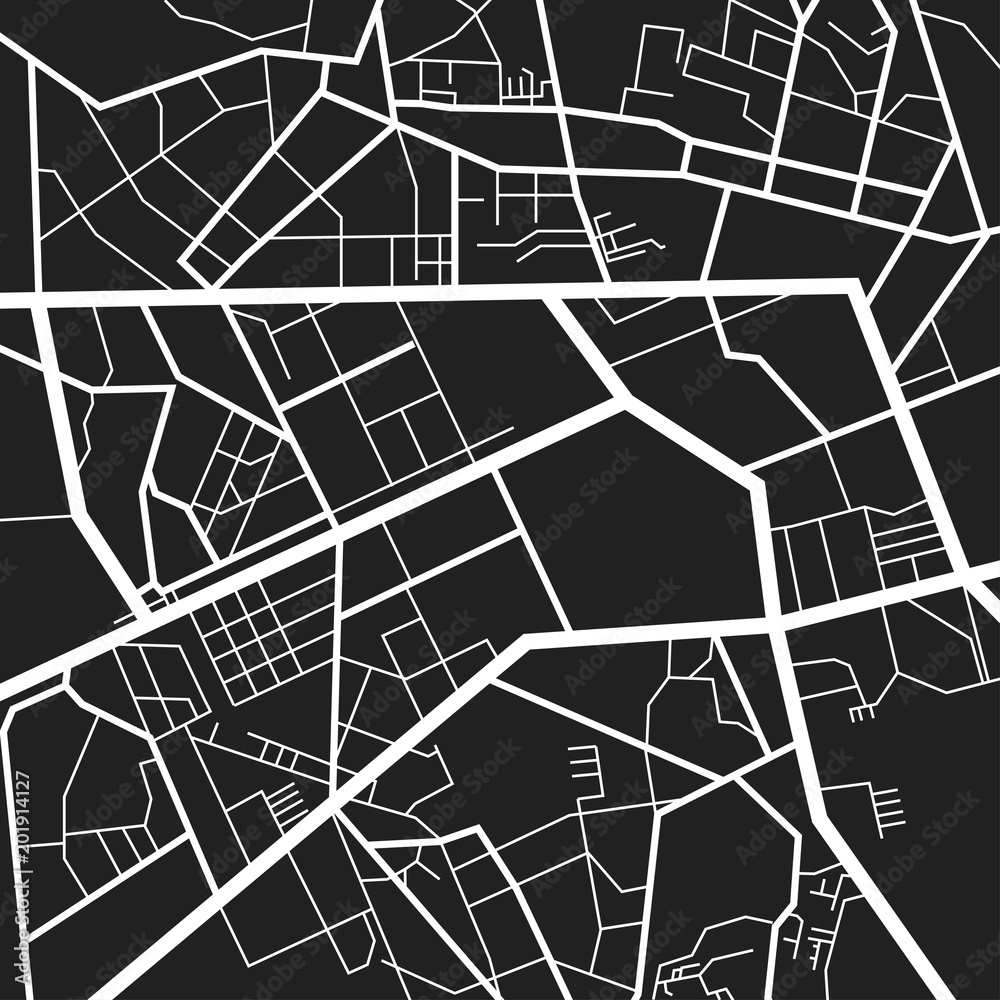 Map of the city, locality. White scheme on a black background. GPS ...