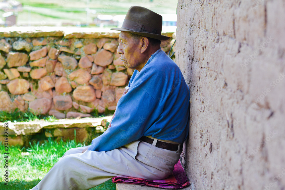 Serious native american old man with walking stick in the countryside ...