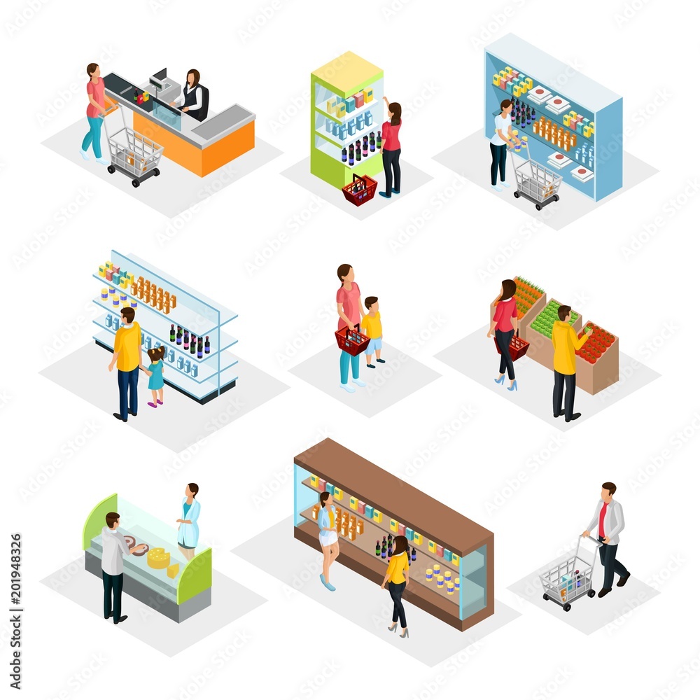 Isometric People In Grocery Shop Set Stock Vector | Adobe Stock
