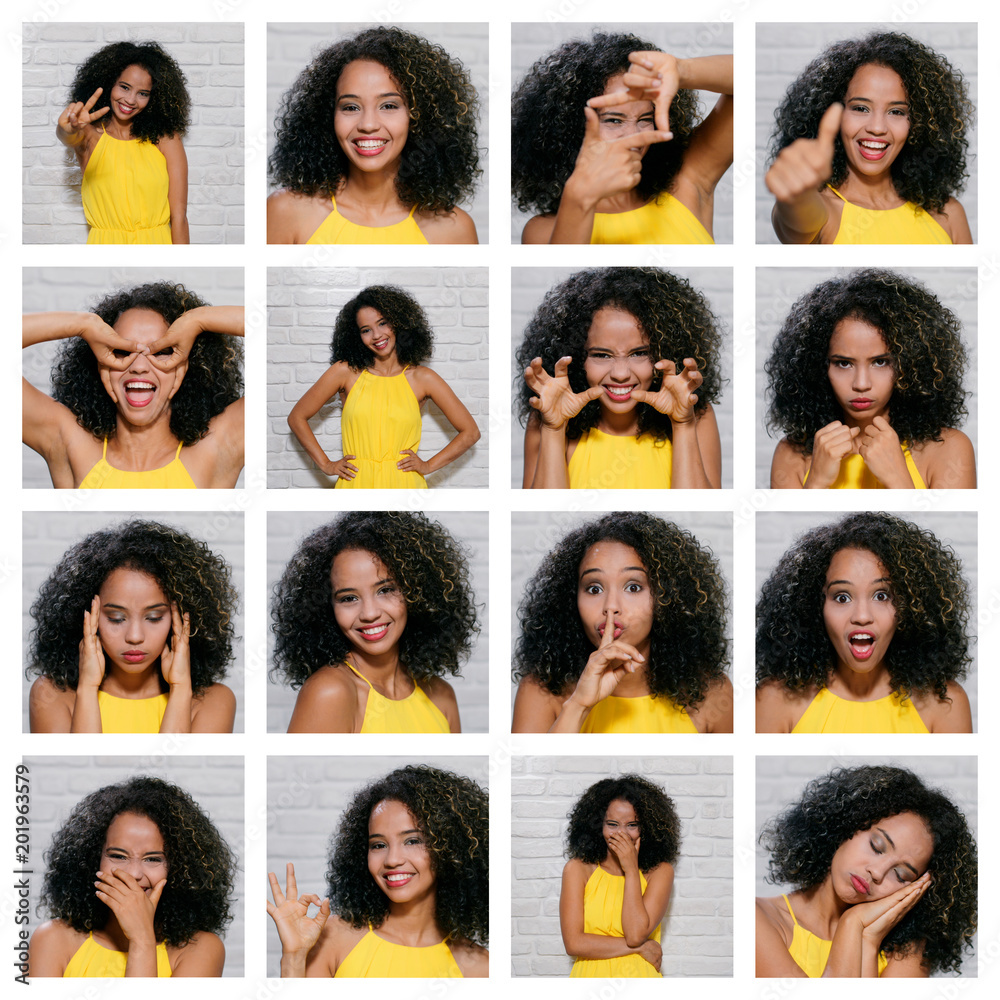 Facial Expressions Of Young Black Woman On Brick Wall Stock Photo ...
