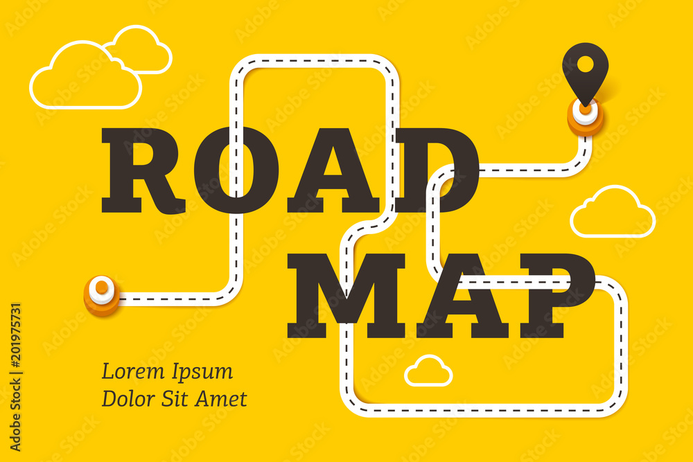Road map business concept with winding road and pin pointer on yellow ...