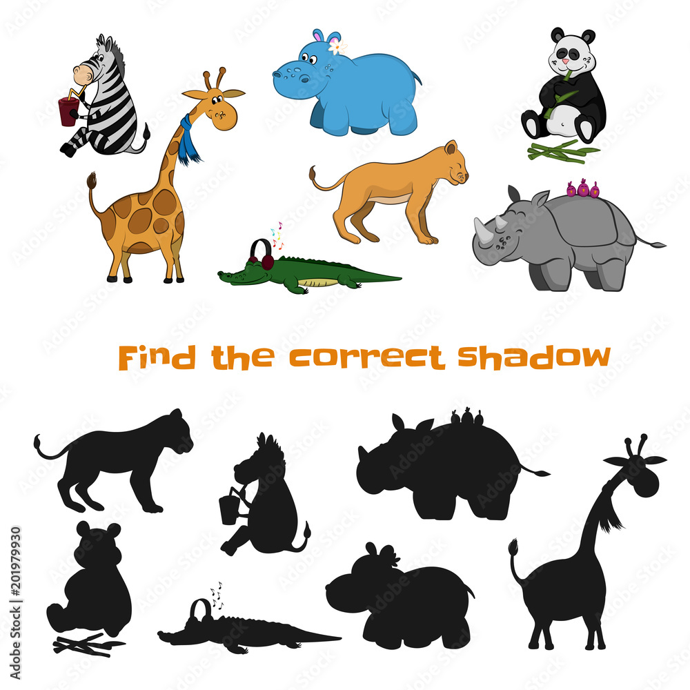 Find the correct shadow. Kids game. Zoo animals in cartoon style ...