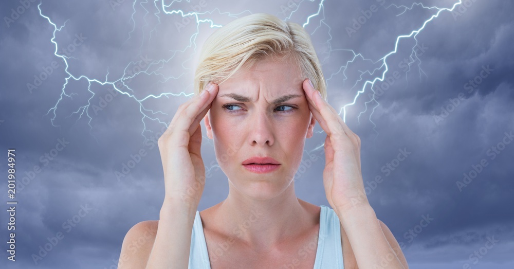 Lightning strikes and stressed woman with headache holding head Stock ...