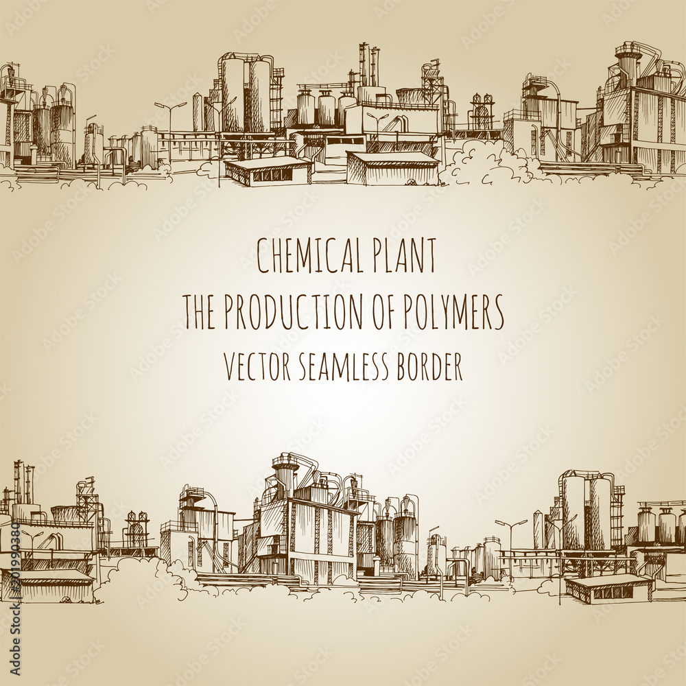 Chemical plant, the production of polymers, hand-drawn sketch vector ...
