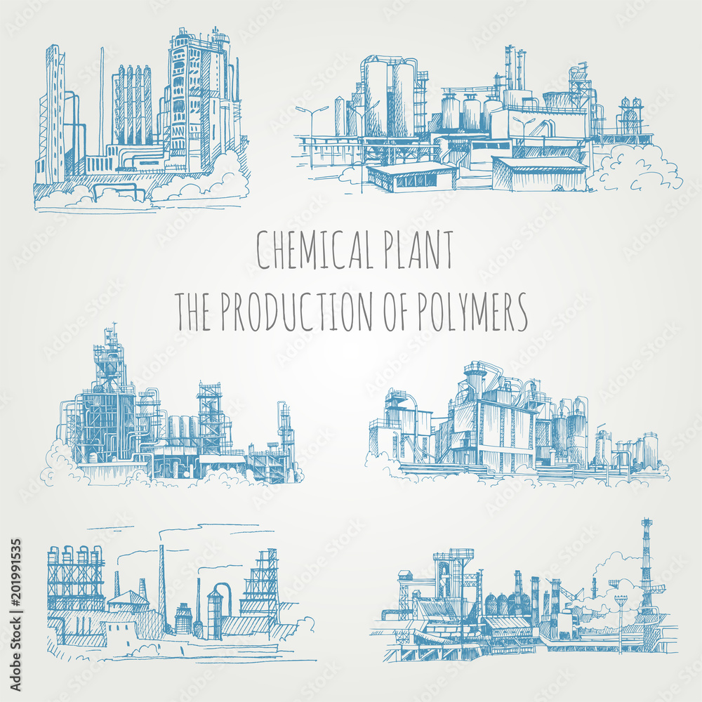 Chemical plant, the production of polymers, hand-drawn sketch vector ...